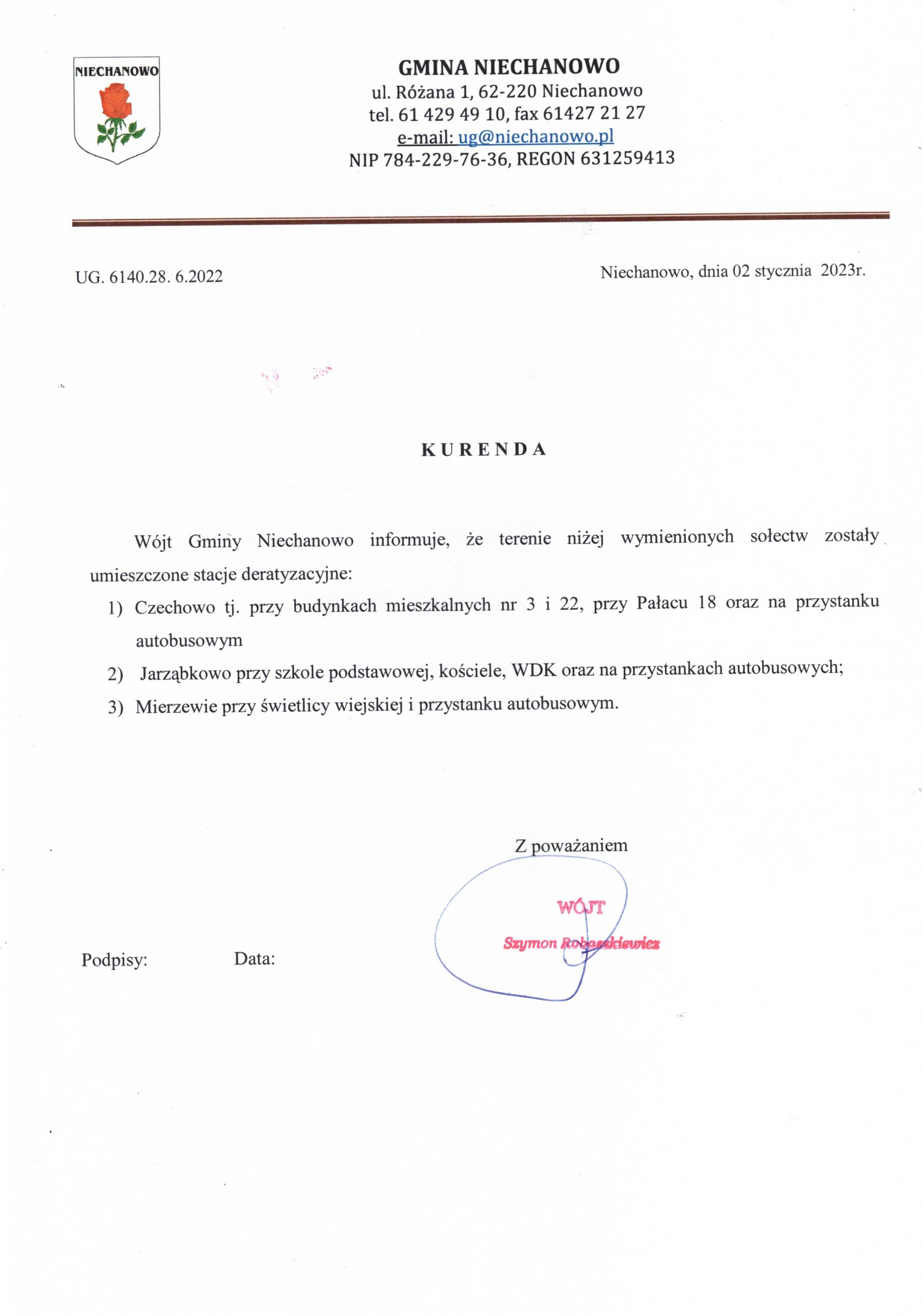 KURENDA Stacje Deratyzacyjne Gmina Niechanowo